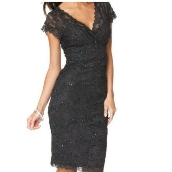 MARINA | Dresses | Marina Black V Neck Lace Beaded Stretchy Cocktail ...
